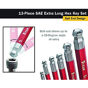Titan 12713 Extra-Long Arm Ball Tip SAE Hex Key Set, 13 Piece , Red
