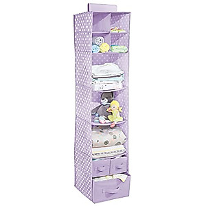 mDesign Soft Fabric Over Closet Rod Hanging Storage Organizer with 7 Shelves and 3 Removable Drawers for Child/Kids Room or Nursery - Polka Dot Pattern - 2 Pack - Light Purple/White Polka Dots