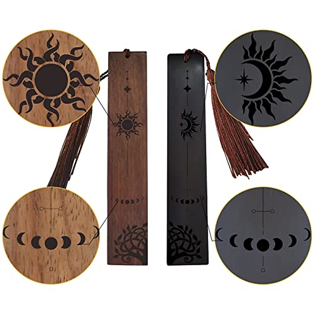 CRASPIRE Wood Bookmark 2 Colors Sun & Moon Engraved Book Mark Gifts Tree of Life Bookmarks with Tassel Pendant for Book Lovers Teacher Students