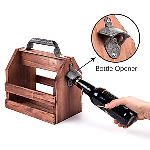 Mealivos Wooden Bottle Caddy, 6-Pack Beer Carrier with Built-In Metal Bottle Opener, Beer Buckets for 6 Beers