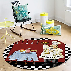 Kitchen Coke Coffee Chefs Round Area Rugs Collection 3', Rustic Black and White Buffalo Plaid Indoor Circular Throw Runner Rug Floor Mat Carpet for Living Room Dining Table Bedroom Nursery Decor