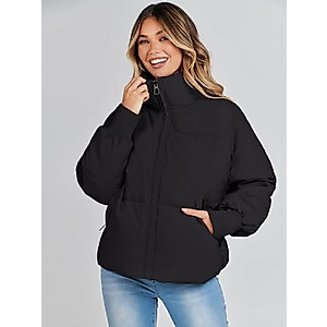 MEROKEETY Women's 2024 Winter Long Sleeve Zip Puffer Jacket Pockets Baggy Short Down Coats, Black, S