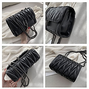 Flap Top Crossbody Bags for Women Quilted Leather Purse Fashion Casual Chain Shoulder Bag Handbag Underarm Bag (Black)