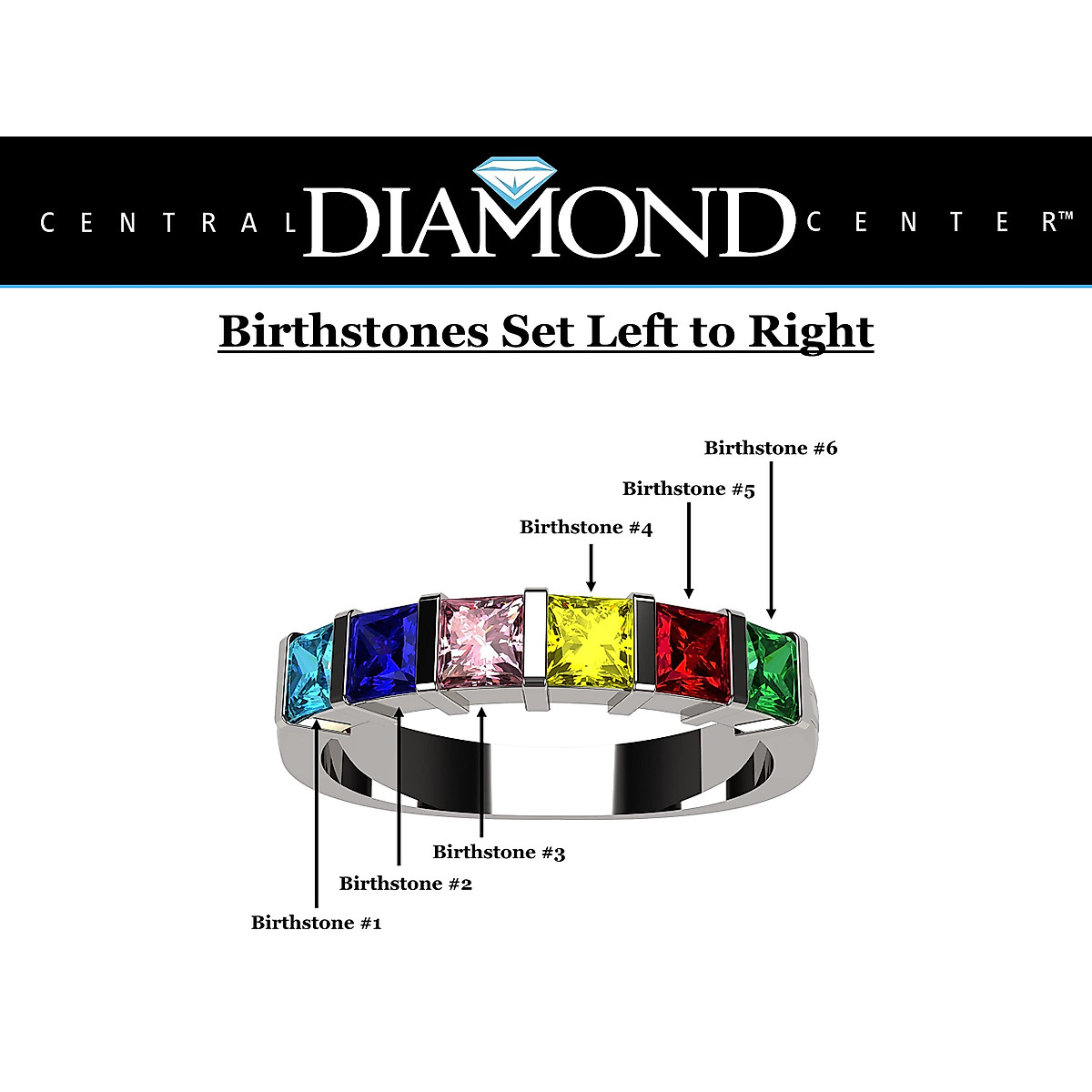 Central Diamond Center Princess Channel Set Mothers Ring with 1 to 6 Simulated Birthstones - Silver - Size 8