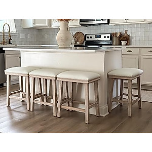 Erste!Bravo White Solid Wood Bar Stools Set of 2 for Kitchen Counter Counter Height Coastal Barstools with Faux Leather Farmhouse Upholstered Stools for 34"-38" Island, Creamy White Cushion, Wood Legs
