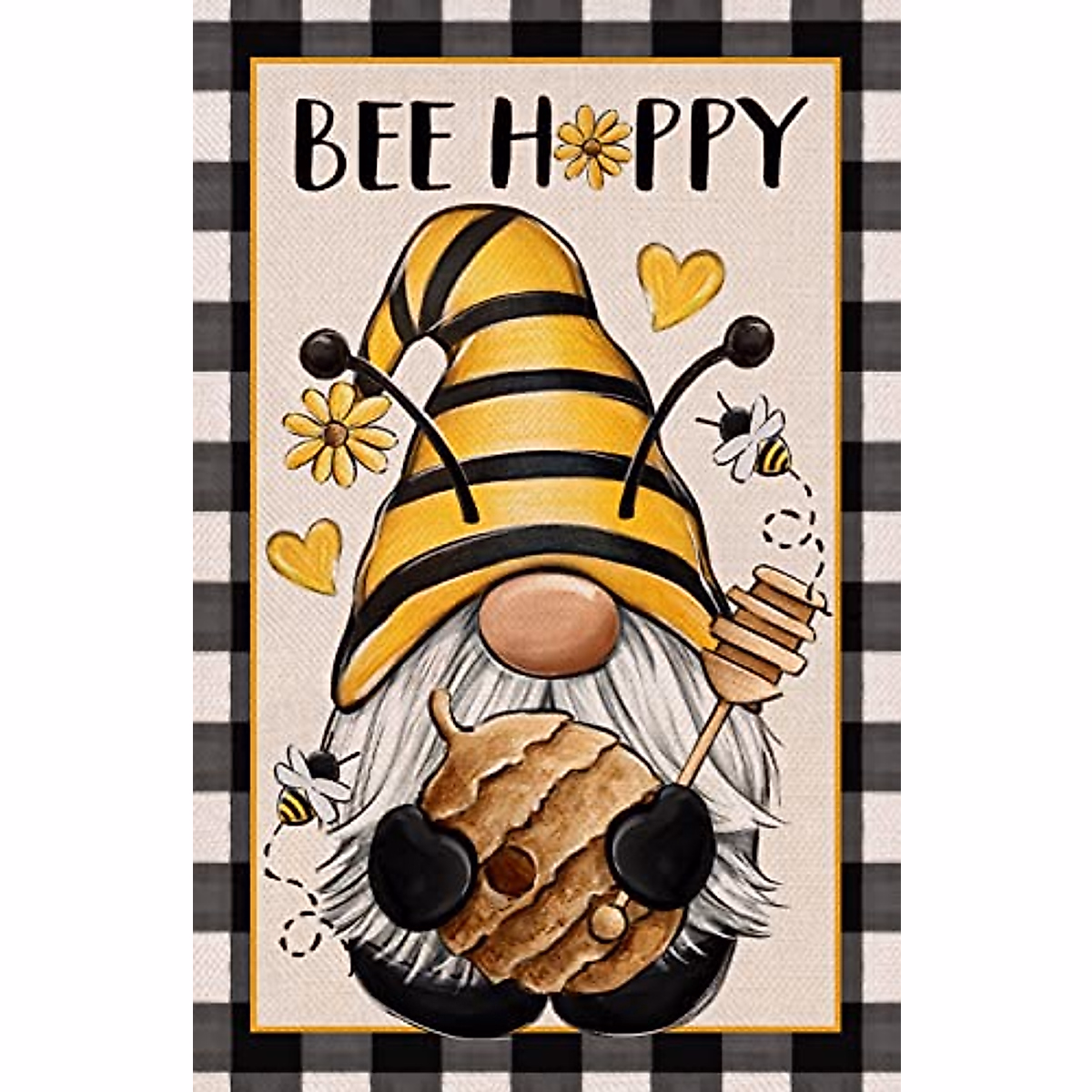 Covido Bee Happy Gnome Spring Decorative Garden Flag, Buffalo Plaid Check Summer Yard Outside Decorations, Farmhouse Outdoor Small Home Decor Double Sided 12 x 18