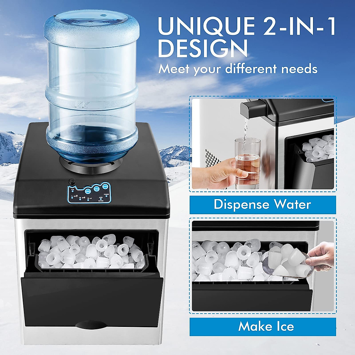 PETSITE 2-in-1 Ice Maker Water Dispenser Countertop, Portable Electronic Machine with Water Cooler Dispenser, 48 LBS/Day, 3 Size Ice Cube, Fast 6 Mins, Stainless Steel
