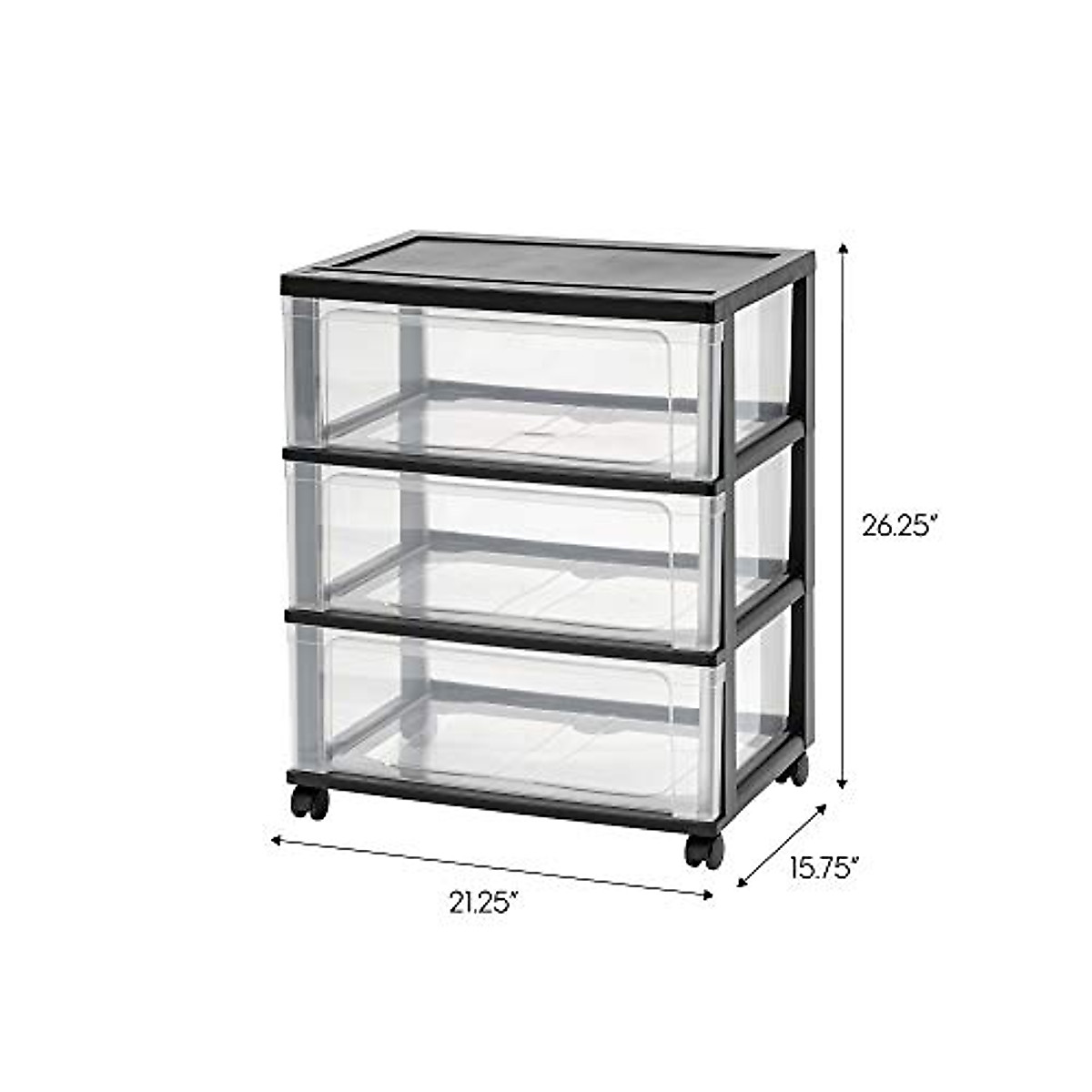 IRIS USA Plastic 3 Drawer Wide Storage Drawer Cart with 4 Caster Wheels for Home, Closet, Bedroom, Bathroom, Office, Laundry, Kitchen, Craft Room, Nursery and School Dorm, Black, Set of 1