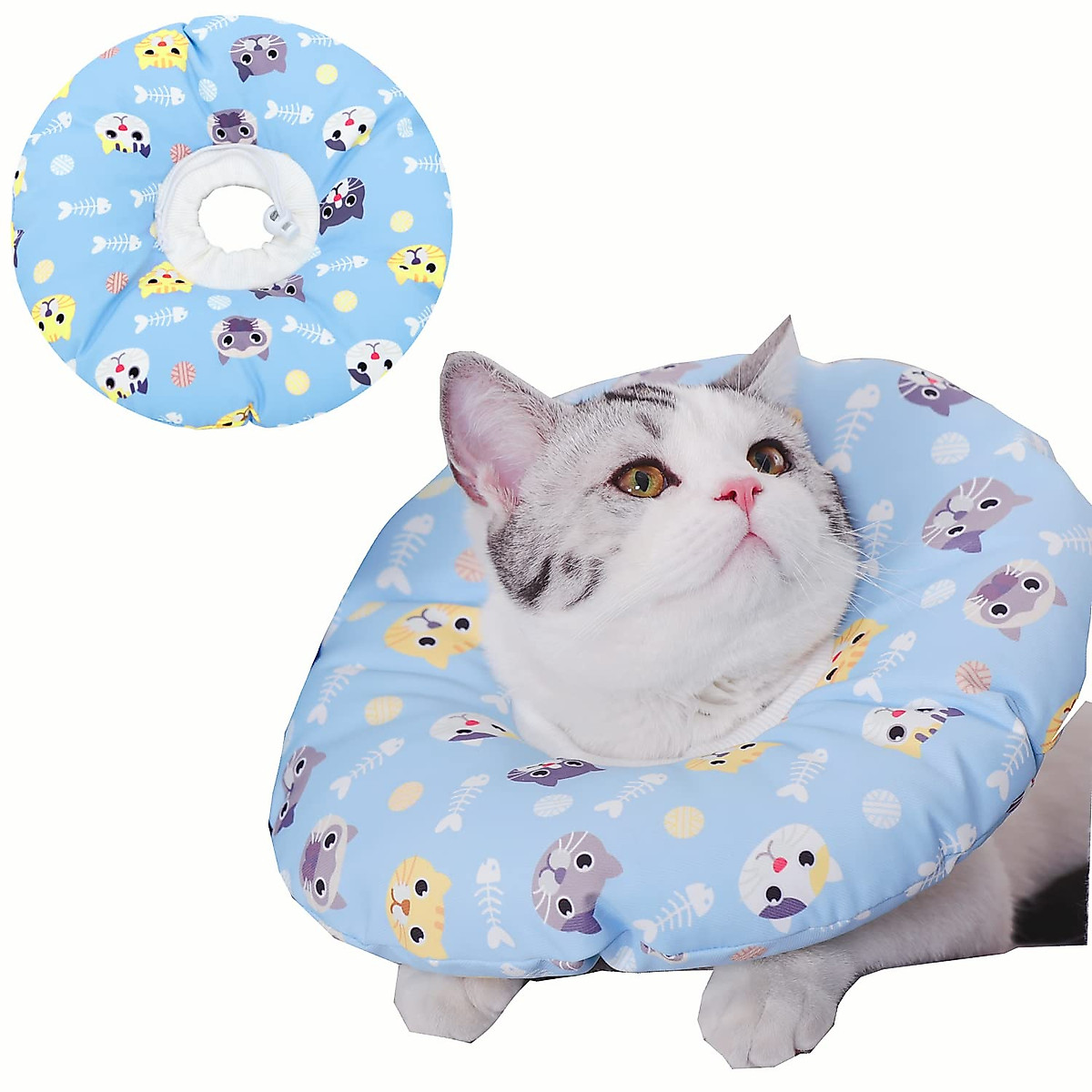 Waterproof Cat Cone Collar Soft Cat Recovery Suit Adjustable Cat Cones to Stop Licking Puppy Kittens Donut Collar After Surgery Blue M