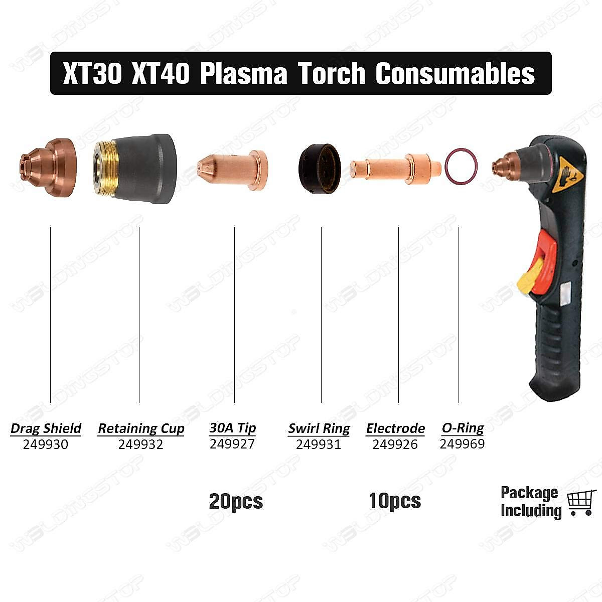 XT30 XT40 Plasma Cutting Torch Consumables for Miller Spectrum 375 625 X-TREME Cutter (249926 Electrode 249927 Tip 30A) 30pcs