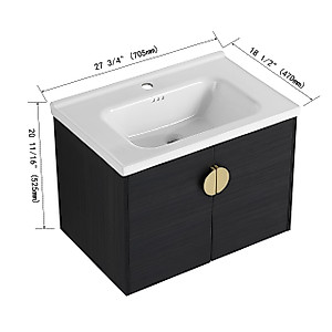 28-Inch Wall Mounted Bathroom Vanity with Sink Combo Modern Single Bathroom Vanity Set with Top Ceramic Basin & Storage Cabinet Wood Hanging Bath Cabinet w/Resin Sink for Bathroom (Black-28 Inch)