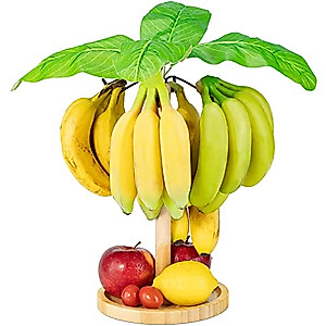 Yanbgaga Banana Holder Wood,Modern Banana Hanger Tree Stand with Bamboo tray for Kitchen&Living room&bathroom Countertop,Iron Banana Hook Stand for Storage Fruit、Earphone、Keys、Trinkets、etc.