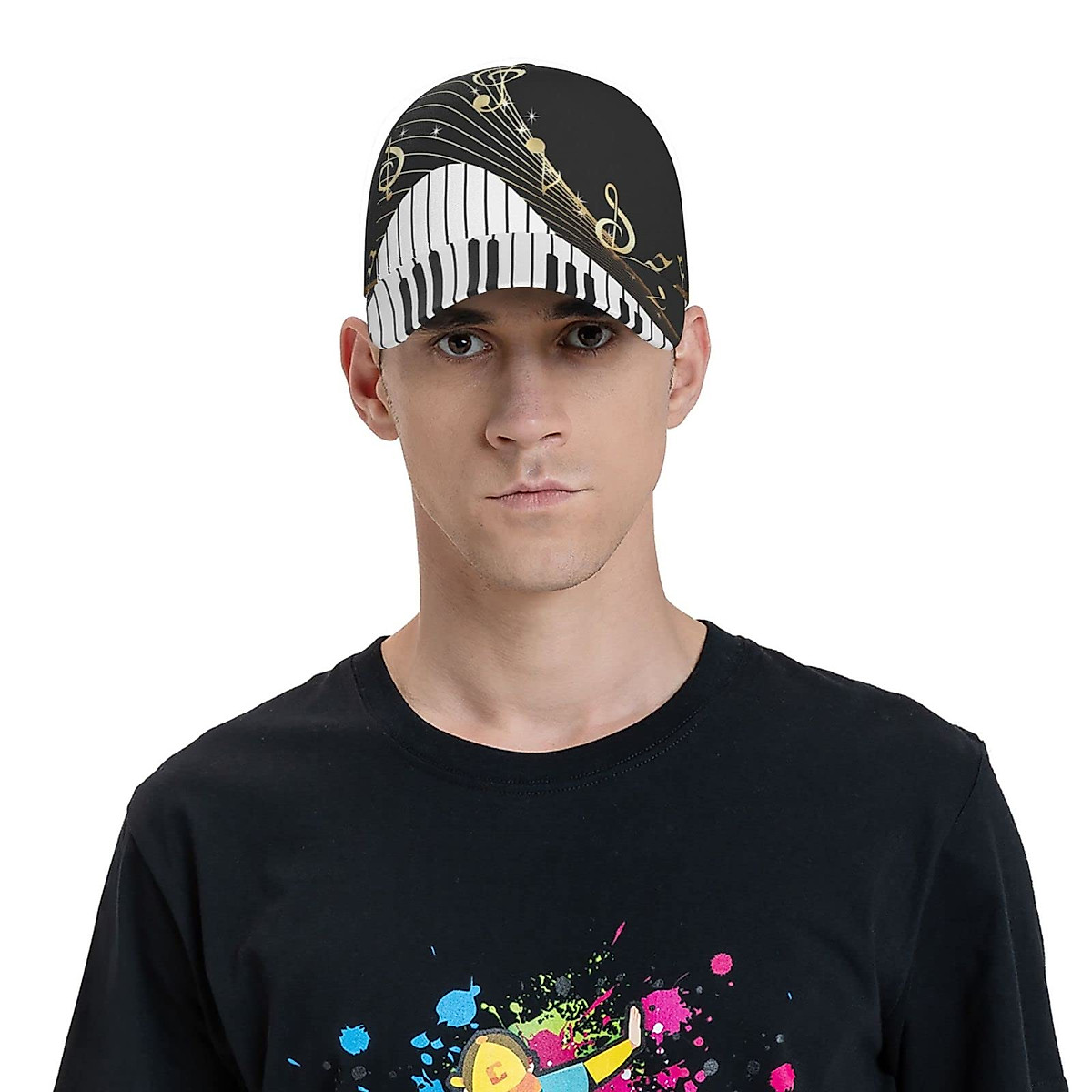 with Piano and Golden Musical Notes Black Baseball Hat Outdoor Snapback Cap Hip Hop Hat Dad Hat Trucker Hat for Men Women