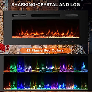 50 Inch Electric Fireplace Inserts, Wall Mounted Fireplace, Led Fireplace with Logs, Recessed Electric Fireplace with Remote Control, Linear Fireplace, 9 Multi Color Flames, 750/1500W