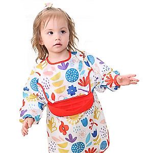 Jarafom 2 Pcs Long Sleeved Silicone Bib coverall Toddler Waterproof bibs Smock Apron Set Food Catcher Pocket 6-72 Months (flower + Strawberry)