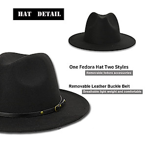 Womens Vintage Wide-Brim Fedora-Hat with Belt-Buckle Panama Hat for Women (Black 1pc, M:56-58cm/22.4-23.2inch)