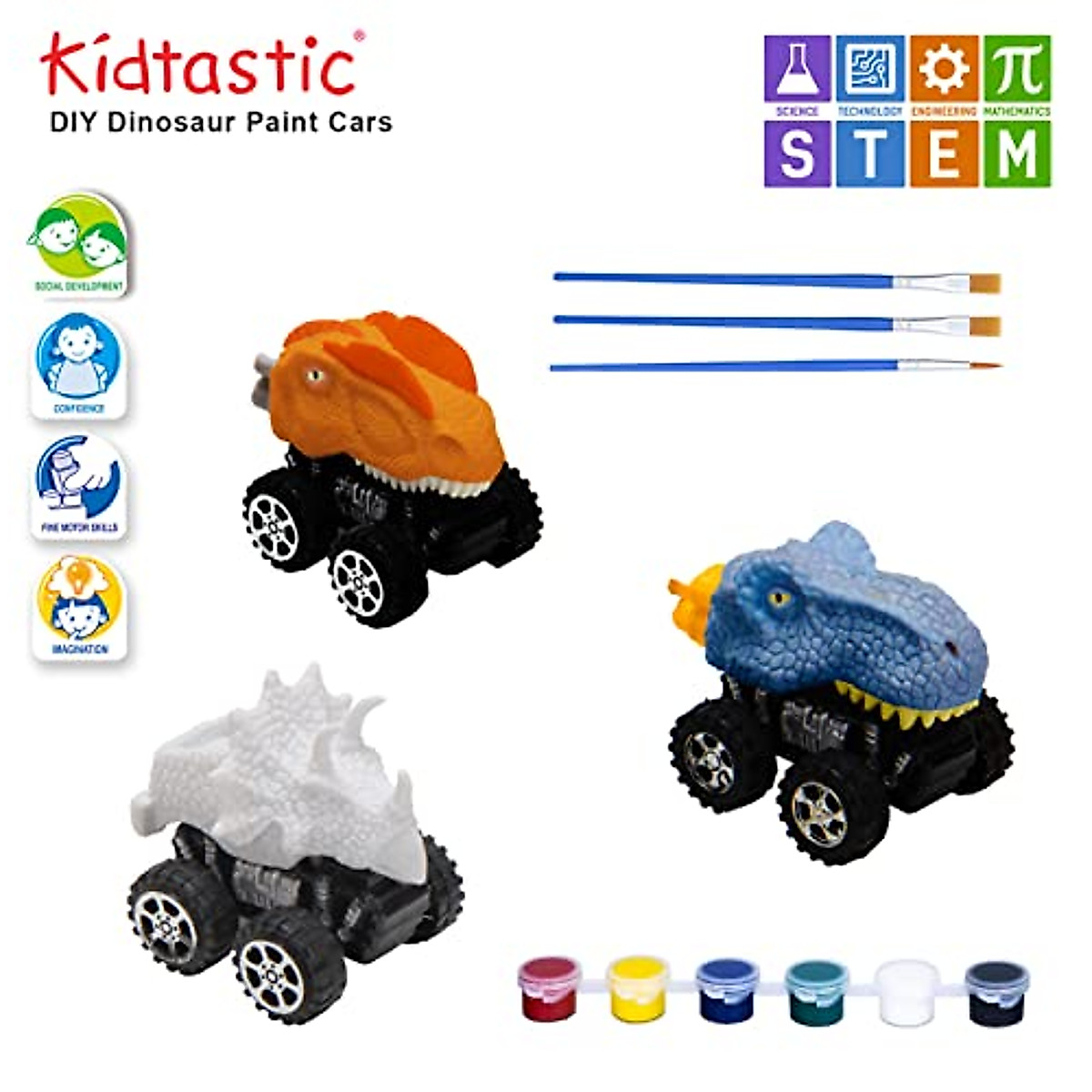 Kidtastic Paint Dinosaur Car Toys with Paint Brush, 3 4 5 6 yrs Old and UP Take Apart STEM Art Learning Dinosaur Kit, DIY Coloring Kit Car for Toddles, Boys, Girls