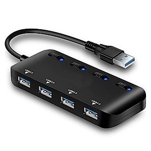 USB 3.0 Hub Splitter - USB Extender 4 Port USB Ultra Slim Data Hub with Individual Power Switch and LED for Laptop, Computer, PC, Thumb Driver and More
