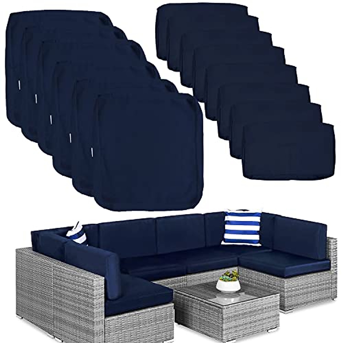 14 Pack Outdoor Patio Cushions Replacement Covers Fit for 7 Pieces 6-Seater Wicker Rattan Furniture Conversation Set Sectional Sofa Cushion Pillow,Water-Resistant Durable Fadeless,Navy-Covers Only