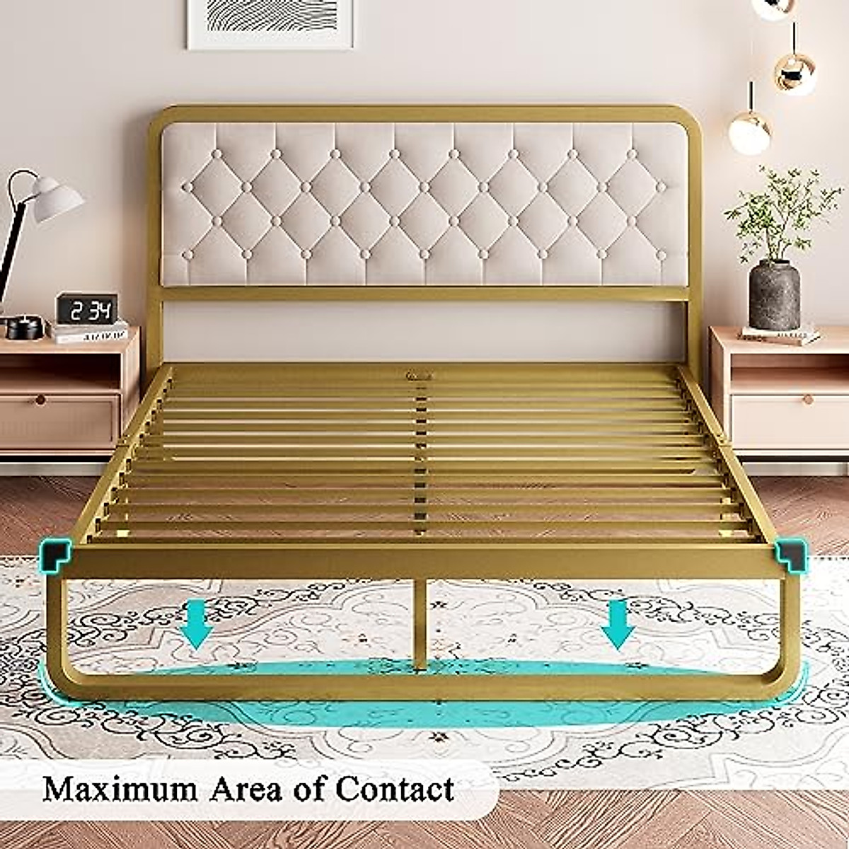 iPormis Queen Size Metal Bed Frame with Velvet Button Tufted Headboard, Curved Platform Bed Frame, Thicker Metal Steel Slats Support, 12'' Under-Bed Space, Noise-Free, Easy Assembly, Gold & Beige