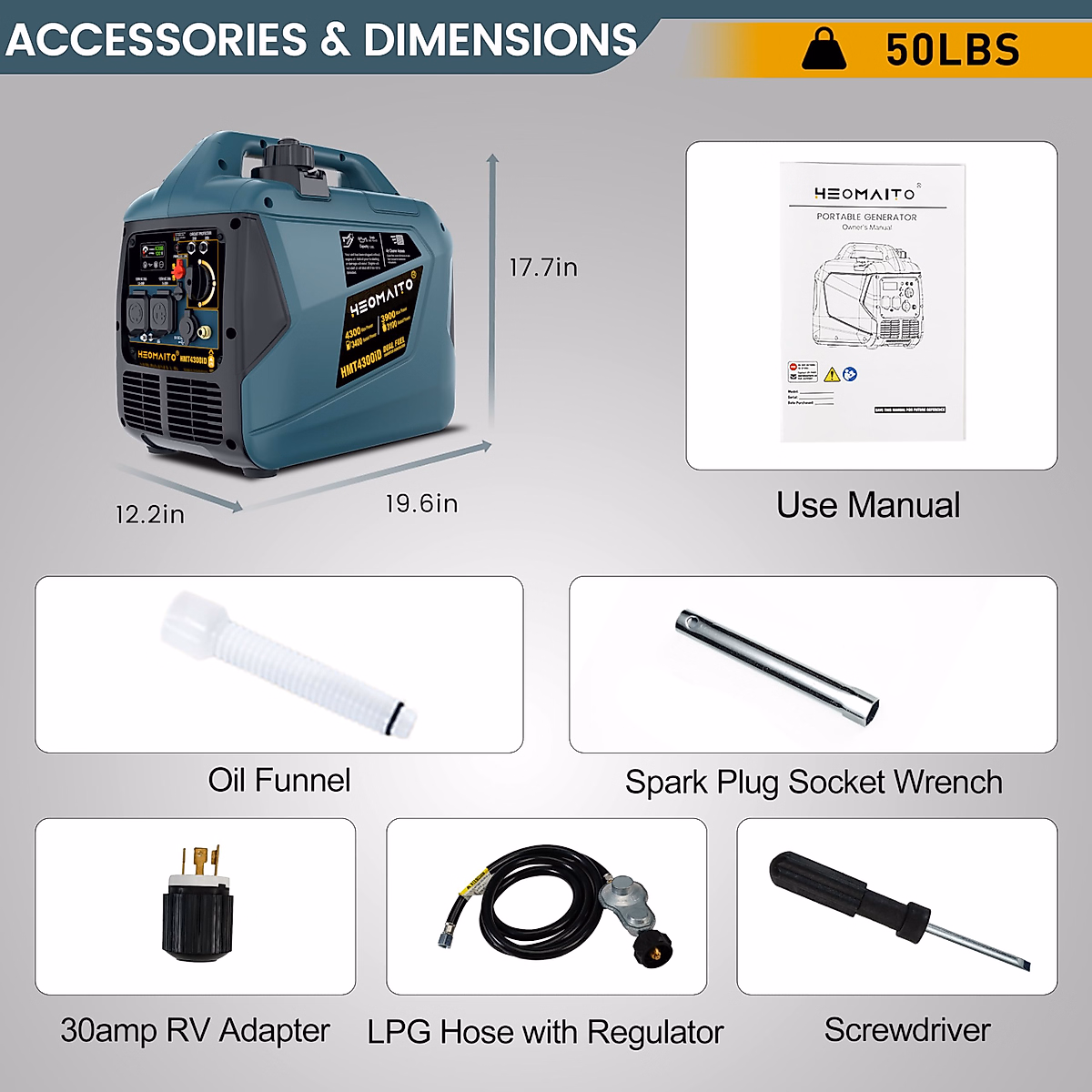 HEOMAITO Dual Fuel Portable Inverter Generator 4300W Gas & Propane Powered, Ultra Quiet Lightweight with CO Sensor Digital Dispaly Parallel Capability EPA Compliant for Camping RV Backup Home Use