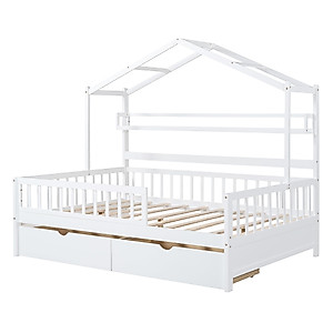 Merax Full Size House Bed with Drawers, Wooden Full Size Platform Bed Frame with Storage Shelf, No Box Spring Needed, White
