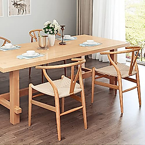 Polynices Wishbone Chair, Weave Modern Solid Wood Mid-Century Y Shaped Backrest Dining Chair (Natural Set of 2)