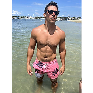 maamgic Mens Swim Trunks with Compression Liner Short Stretch Mens Bathing Suit Quick Dry Swimming Trunks Swimsuit Plamtree Pink Large