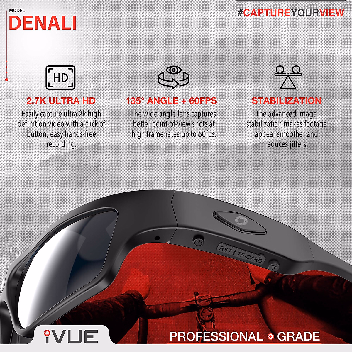 iVue Denali 2K/1080P HD Camera Glasses POV Video Recording Sport Sunglasses DVR Eyewear, Up to 60fps