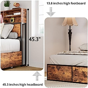 LIKIMIO Queen Bed Frame with Drawers 4 Storage Drawers & Bookcase Headboard & Charging Station, Sturdy and No Noise Platform Bed, No Box Spring Needed, Easy Assembly, Vintage Brown