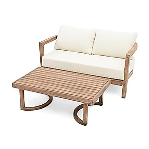 Merax 2-Piece Outdoor Acacia Wood Loveseat Sofa Couch with Coffee Table,Patio Furniture Conversation Set for Backyard