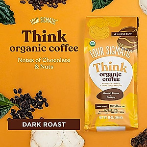 Dark Roast Organic Whole Bean Coffee by Four Sigmatic | Fair Trade Coffee Beans Coated with Lion's Mane, Chaga Mushrooms | Nootropic Mushroom Coffee for Enhanced Brain Function & Immune Support | 12oz