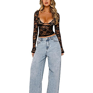 Women's Going Out Tops Y2k Sheer See Through Shirt Fairy Lace Patchwork Long Sleeve Crop Top Grunge Streetwear