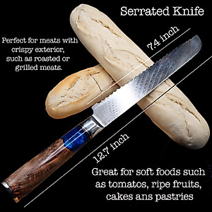Damascus Kitchen Knife Set 3 piece, 67 Layer Handmade Damascus VG10 Steel Core Forged, 8" Chef Knife, 7,5" Serrated Knife, 5" Utility Knife, Resin Wood Handle, Gift Box Included