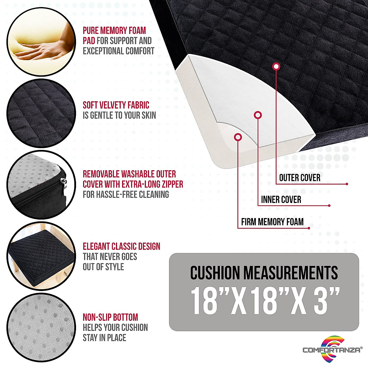 COMFORTANZA Chair Seat Cushion - 18x18x3 Memory Foam Large Square Thick Non-Slip Pads for Kitchen, Dining, Office Chairs, Car Seats - Booster Cushion - Comfort and Back Pain Relief - Firm - Black