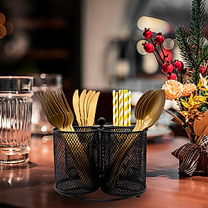 DysanVica Silverware Holder Utensil Caddy - 360° Rotating Silverware Caddy 4 Compartment Metal Cutlery Organizer Fork Spoon Napkin Plastic Flatware Storage Basket Party Countertop Picnic Outdoor Black