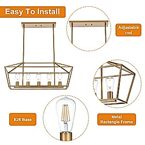 VINLUZ 5 Light Modern Kitchen Island Light in Gold Finish,Industrial Hanging Pendant Lighting Fixture with Metal Frame Linear Lantern Chandelier for Dining Room Foyer Cafe Bar