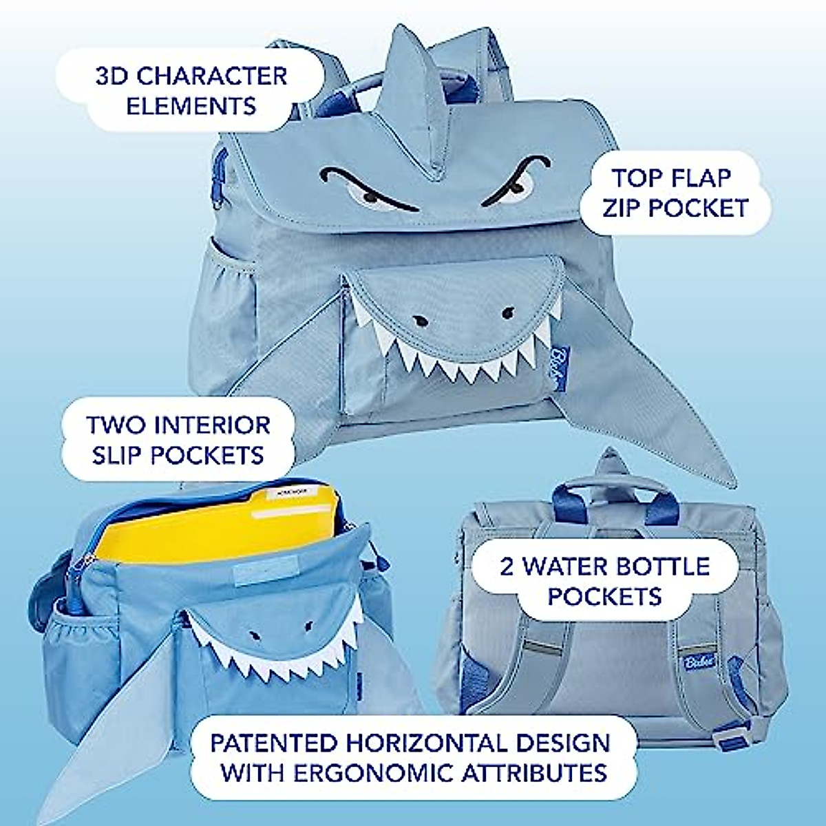 Bixbee Kids Backpack, Blue Shark Backpack for Boys & Girls, Water Resistant Backpack with Pockets, Durable Zippers & Easy Carry Design - Perfect Size Children's Bookbag for School.