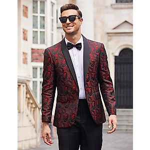 COOFANDY Mens Floral Tuxedo Jacket Paisley Shawl Lapel Suit Blazer Jacket for Dinner,Prom,Wedding Wine Red