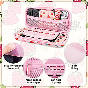 RHOTALL 6 in 1 Cute Strawberry Carrying Case Set for Nintendo Switch OLED,Portable Pink Travel bundle Case for Switch OLED Accessories,Protective Cover,Screen Protector,Shoulder Strap and 2 Thumb Caps