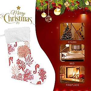 Kigai Christmas Stockings Coral Seahorse Large Candy Stockings Stuffers Kids Cute Xmas Sock Decorations 1PC for Home Holiday Party 12" x18"