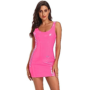 HDE Womens Latex Mini Dress Faux Leather Bodycon Sexy Club Dresses for Women (Small, Pink)