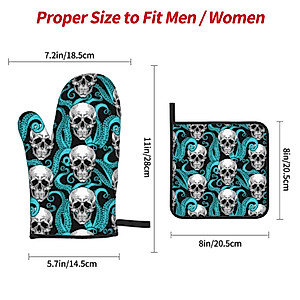 Skull Oven Mitts and Pot Holders 4pcs Sets，Funny Kitchen High Heat Resistant Oven Mitts，with Oven Gloves and Hot Pads Pot Holders for Baking Cooking BBQ Grilling