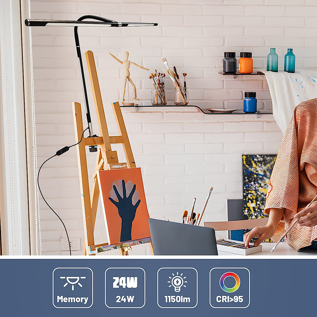 DELIZIO Desk Lamp 34.25in, Architect Lamp for Home Office, 21W Clamp Lamp ,3 Color Modes Stepless Dimming, Modern Eye-Caring Office Light ,Three Head Work Lamp with Remote Control Workbench Lamp