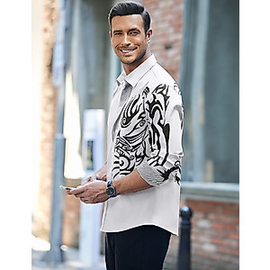 Coofandy Men's Fashion Print Dress Shirt Casual Cotton Button Down Shirts White Medium