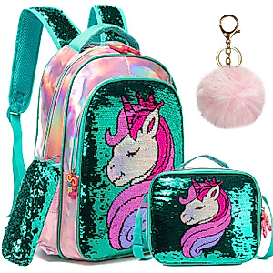 Unicorn Backpack for Girls Backpacks Glitter Sequin Bookbag with Lunch Box for Elementary Students Preschool Bag