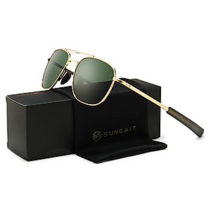 SUNGAIT Men's Military Style Polarized Pilot Aviator Sunglasses - Bayonet Temples (Gold Frame/Green Lens, 55) A285JKLV