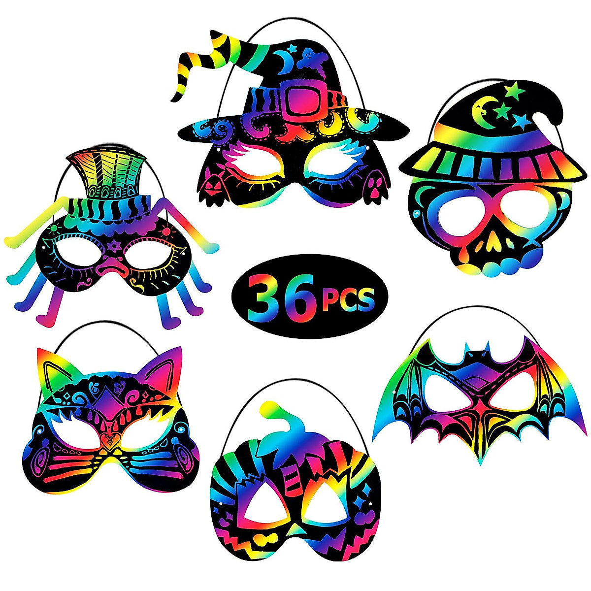 Max Fun 36PCS Halloween Rainbow Scratch Mask, Art Craft Kit for Kids Birthday Cosplay Classroom Decoration, Magic Scratch Paper Halloween Party Favor Supplies Bat Witch Pumpkin Zombie Pirate Skull