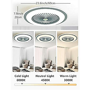 IYUNXI Ceiling Fan with Lights Oversize 24'' Remote Control 40W Ultra-Thin Design Enclosed Round LED 3-Color Dimmable Fan Light with 5 Invisible Blades Low Profile Flush Mount 3-Gear Wind Smart Timing