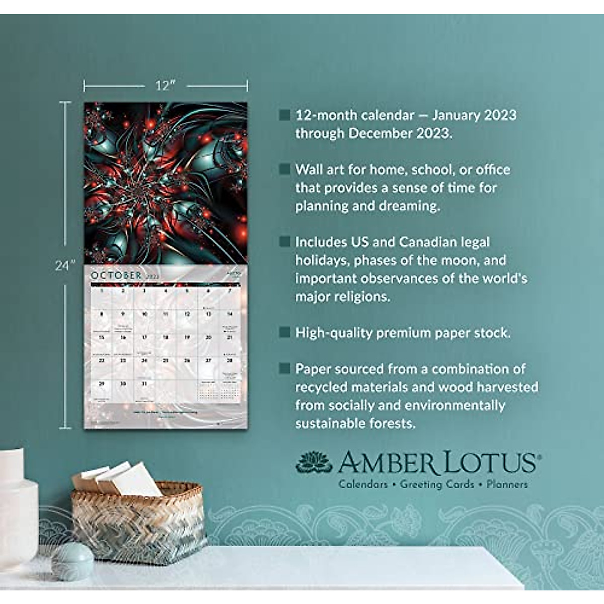 Fractal Cosmos 2023 Wall Calendar: The Mathematical Art of Alice Kelley | 12" x 24" Open | Amber Lotus Publishing